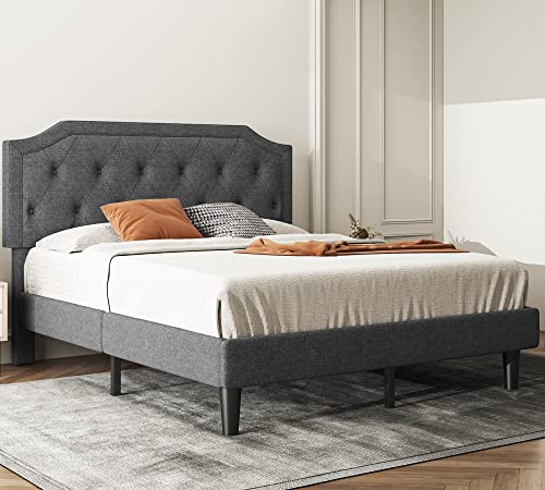 Allewie Upholstered Queen Size Platform Bed Frame with Adjustable and Curved Corner Design Headboard, Easy Assembly, No Box Spring Required, Dark Grey