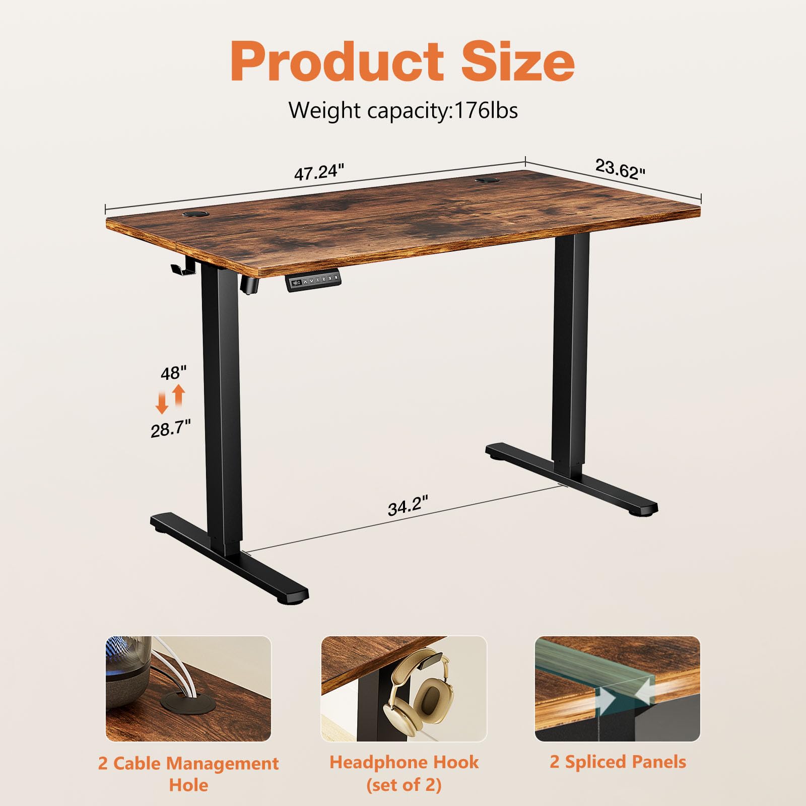 Sweetcrispy Electric Standing Desk - 48 x 24 inch Adjustable Height Sit to Stand Up Desk with Splice Board, Rising Home Office Computer Table with 2 Hook and Wire Hole for Work