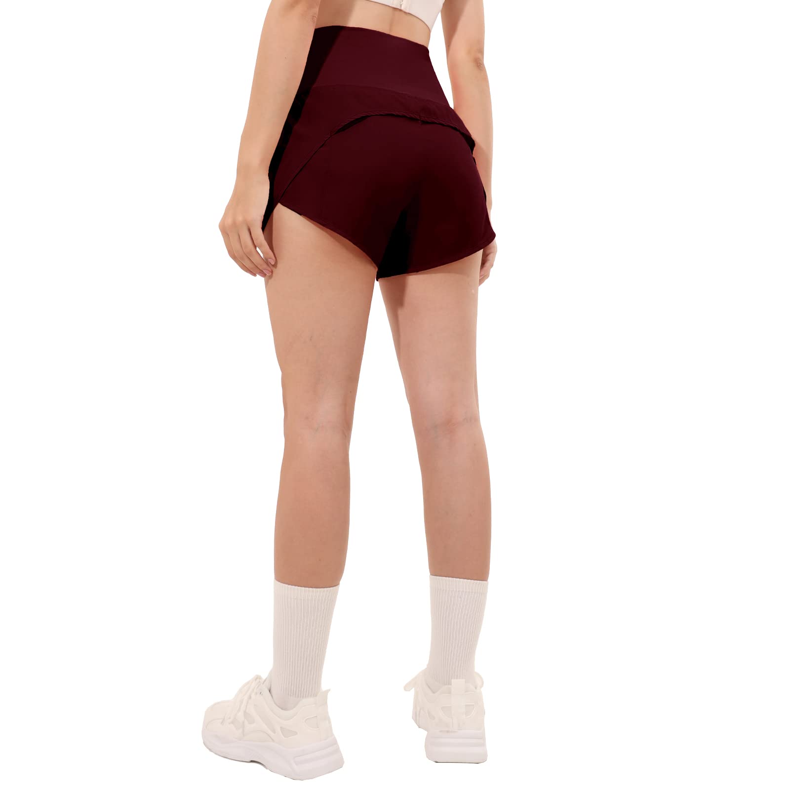 Aurefin Women's High Waisted Running Shorts Quick Dry Athletic Workout Shorts with Bulit-in Liner-3.5'' Wine red/m