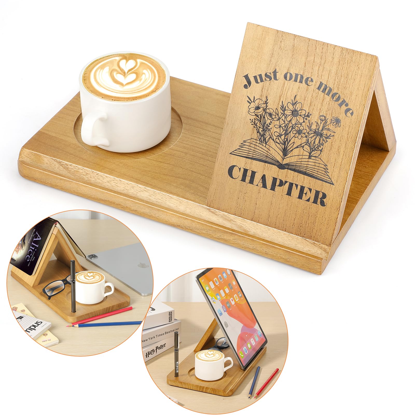 BEEUHLIL Book Holder, Triangle Small Bookshelf, Unique Book Nook Reading Valet with Cup, Glasses & Pen Holder, Wooden Mini Bookshelf, Book Lovers Gift Ideas