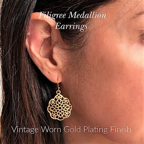 ALLISON ROSE ATELIER – Boho Dangle Earrings – Worn Gold Plating with Medallion Filigree Design. Lightweight Bohemian Drop Earrings for Women.