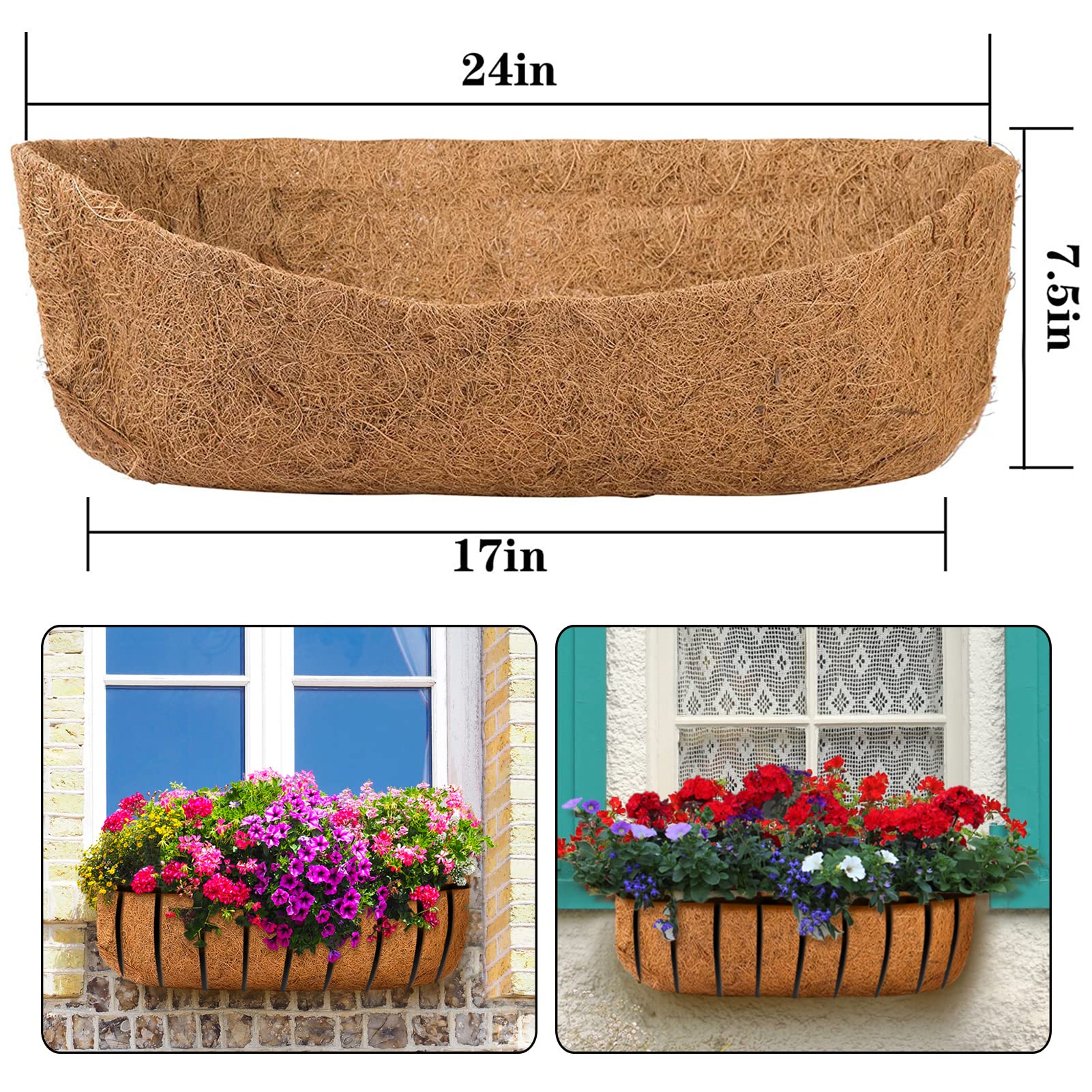 ANPHSIN 3 Pack Coco Liners for Window Planter Box - 24 Inch 100% Natural Coconut Coir Fiber Liner Replacement for Deck Flower Box, Garden Railing Fence Trough, Wall Planter Basket, Vegetables Pot