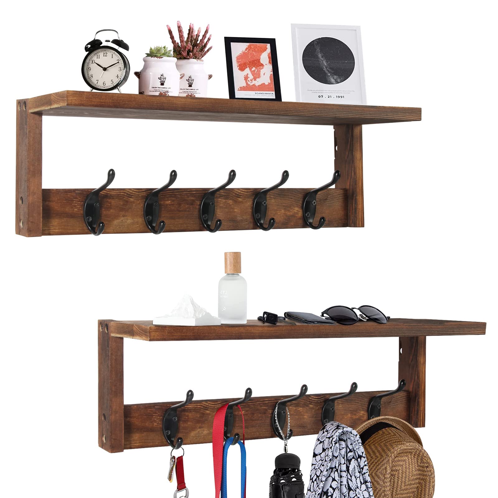 BEIUTAO 2 Pack Coat Rack Wall Mount with Shelf, Wood Wall Coat Rack with Hooks, Coat Hanger Wall Mount, Entryway Shelf for Clothes, Hats, Towel, Purse, for Living Room, Bedroom, Bathroom, Rustic Brown