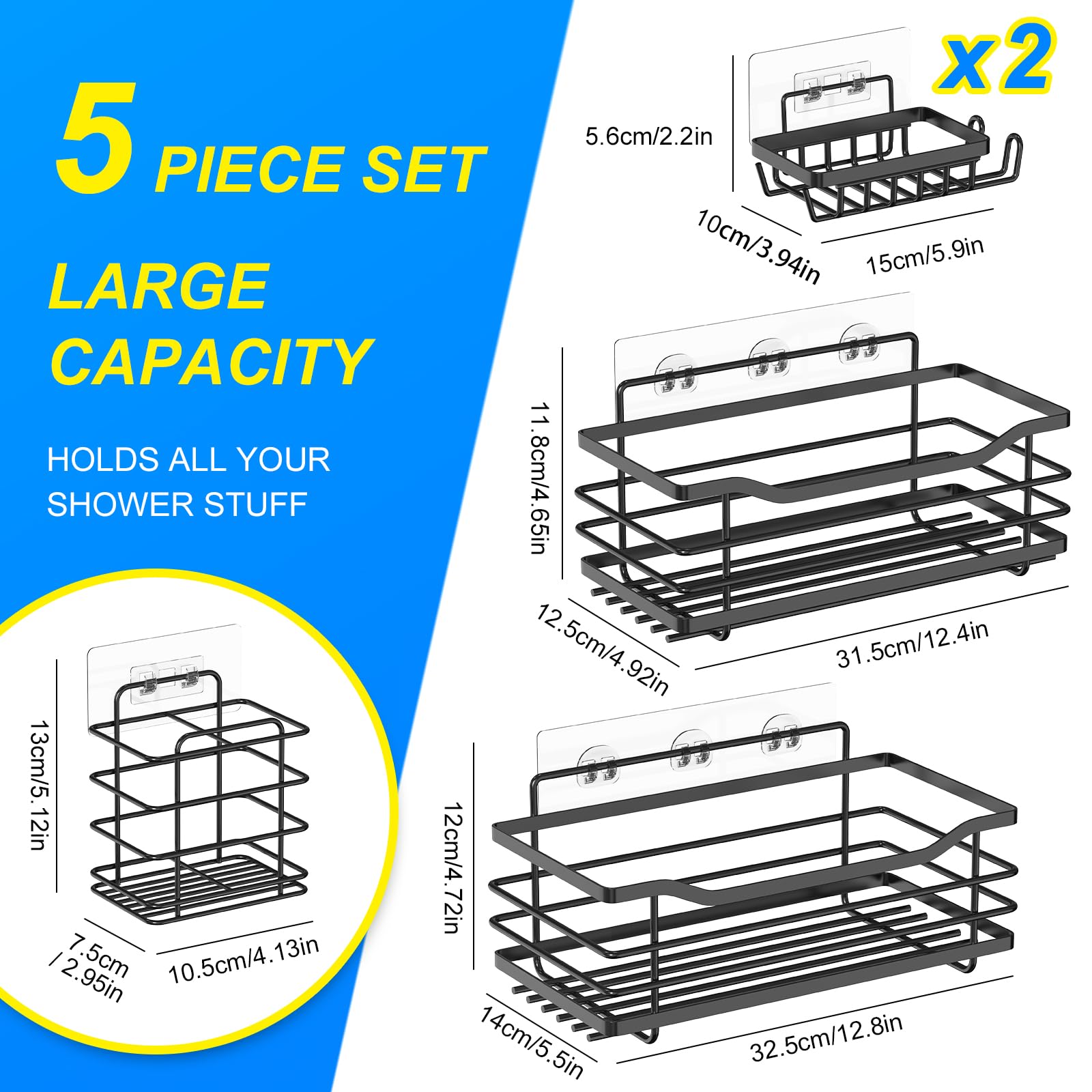 BCHWAY FAMILY Shower Caddy 5 Pack, Adhesive Shower Organizer for Bathroom Storage and Home Decor Kitchen No Drilling, Rustproof Stainless Steel Bathroom Organizer, Shower Shelves for Inside