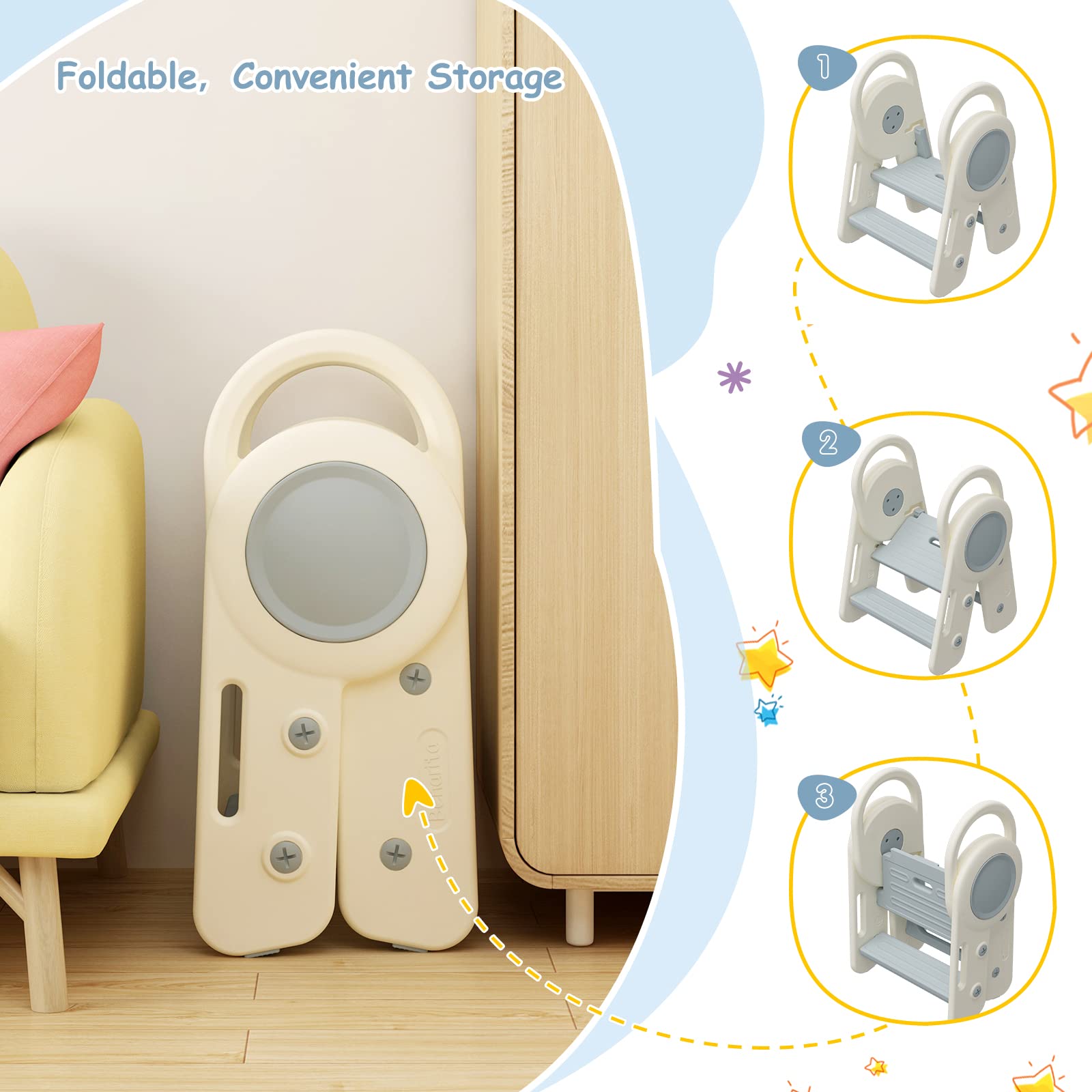 Benarita Step Stool for Toddler 3 Step Stool, Kids Foldable Step Stool for Bathroom Sink, Kitchen Counter Standing Tower, Step Ladder with Handles and Non-Slip Pads for Toilet Potty Training,Blue