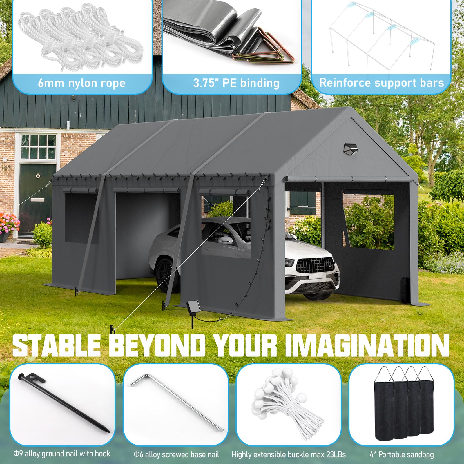 Benass 10x16 Carport, Heavy Duty Car Port, Portable Garage Carports Canopy with Roll Up Doors & Windows and Removable Sidewalls, White