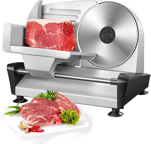 HOUSNAT Meat Slicer for Home Use, Electric Deli Food Slicer Machine with Two 7.5'' Blade and 0-15 mm Adjustable Thickness for Meat, Cheese, Bread, Include Food Pusher, 150W