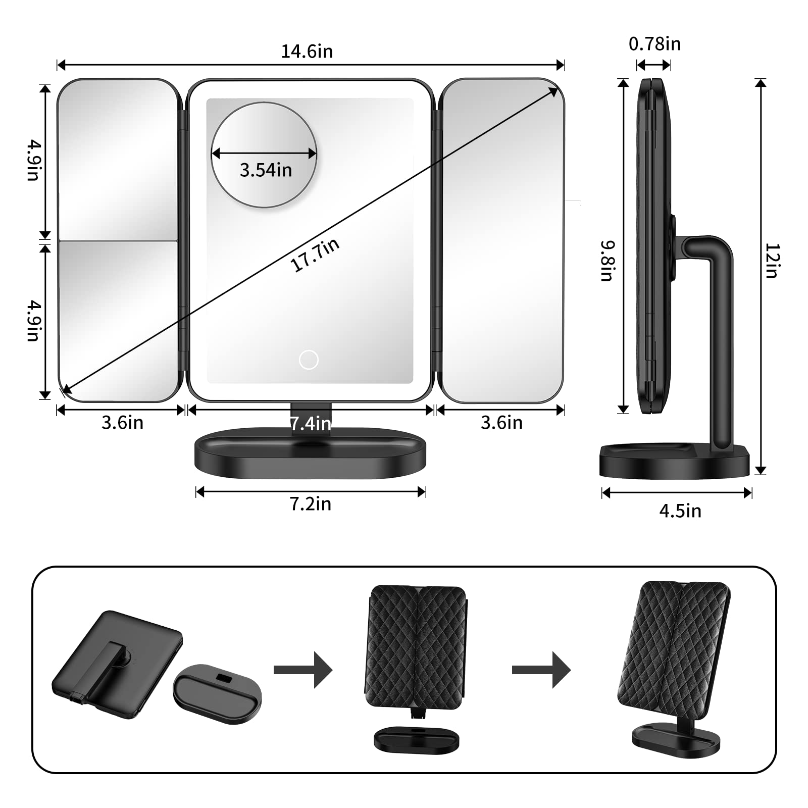 Benbilry Trifold Lighted Vanity Makeup Mirror with 74 LED Lights, 3 Color Lights & Stepless Dimming, 1X/3X/5X/10X Magnification & 2000mAh Rechargeable Magnifying Light Up Mirror, Gift for Women(Black)
