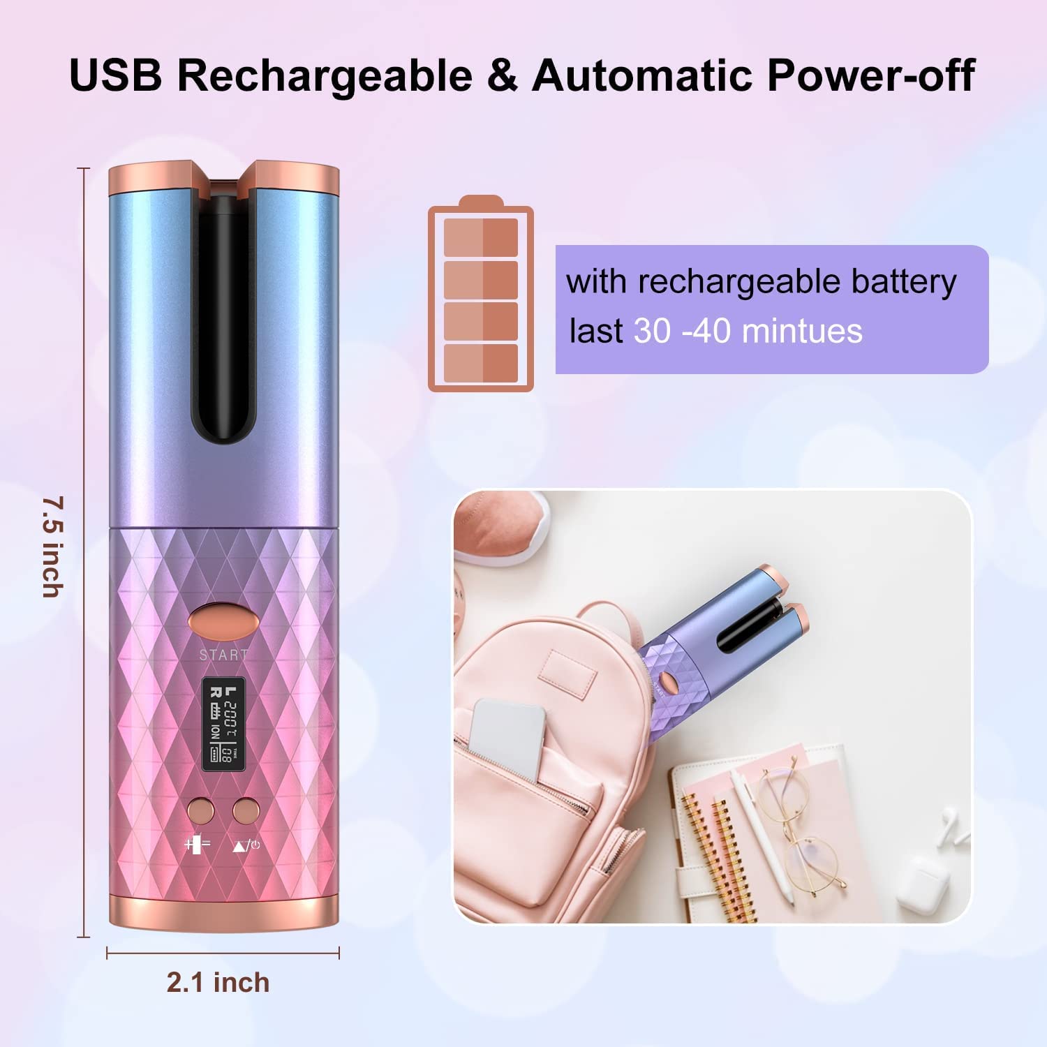 Automatic Curling Iron, Cordless Hair Curler with Adjustable Temperatures & Timers, Portable Auto Rotating Hair Curlers Wave Curling Wand, Rechargeable Ceramic Electric Hair Styling Tool