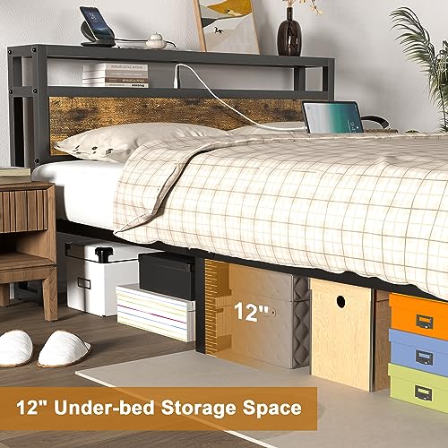 HUEOFGP Queen Bed Frame with 2-Tier Storage Headboard, Metal Platform Bed Frame with Charging Station, Sturdy Heavy Duty Steel, Easy Assembly, No Box Spring Needed