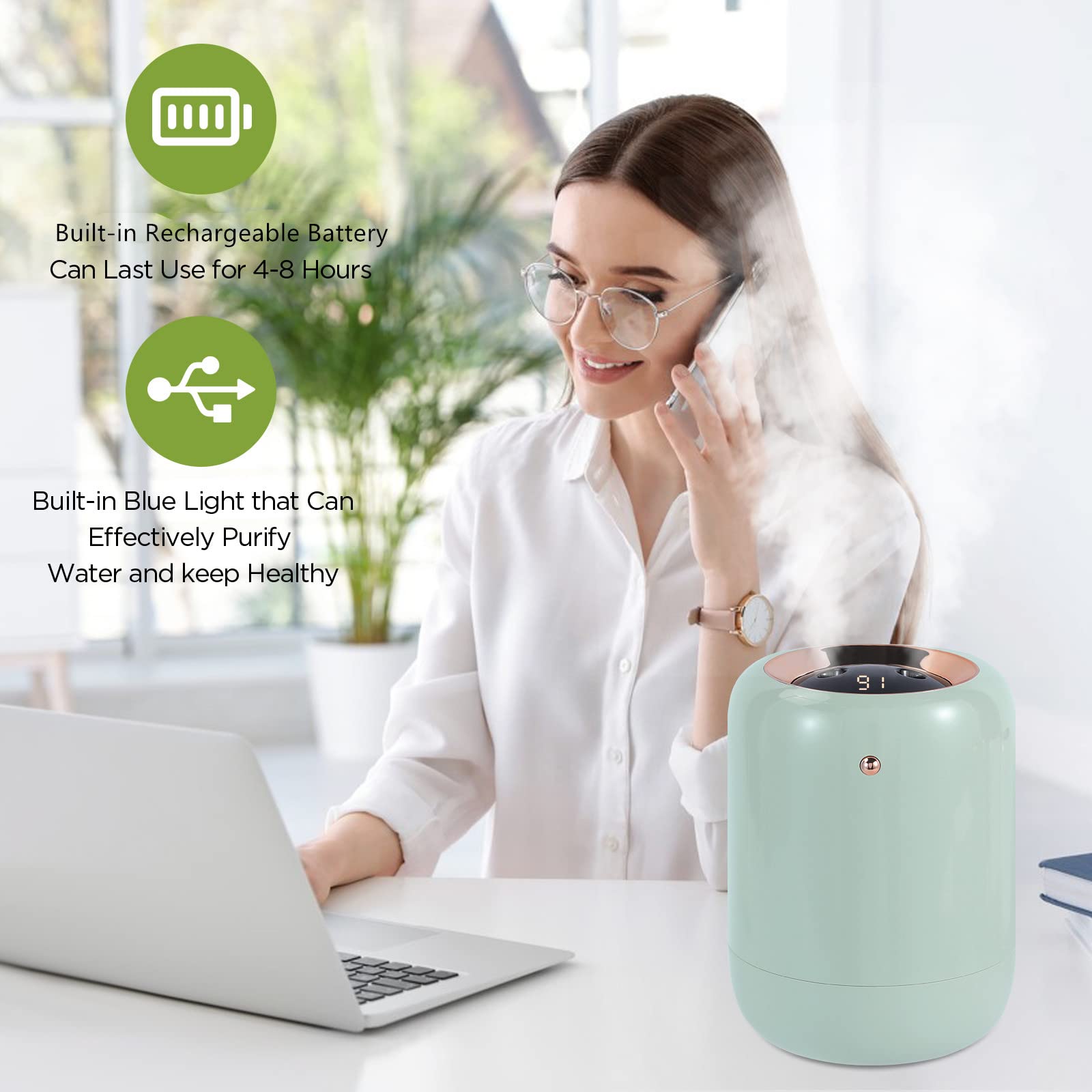 MayPal Humidifiers for Bedroom, Cool Mist Humidifier,1L Wireless Quiet Humidifiers with Battery for Baby Office,2 Spray Modes & 4Timer, Auto Shut-Off,Easy to Clean