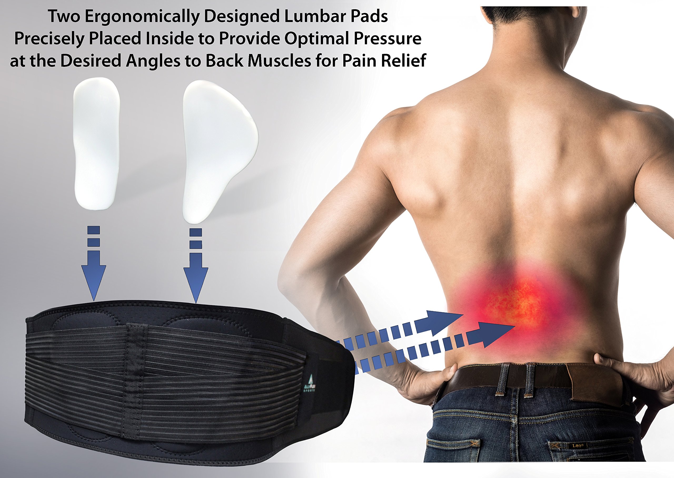 AllyFlex Sports Lumbar Support Belt for Men Back Brace for Lower Back Pain Relief, Dual Lumbar Sacral Pads, Adjustable Straps and Cooling Fabric (Medium)