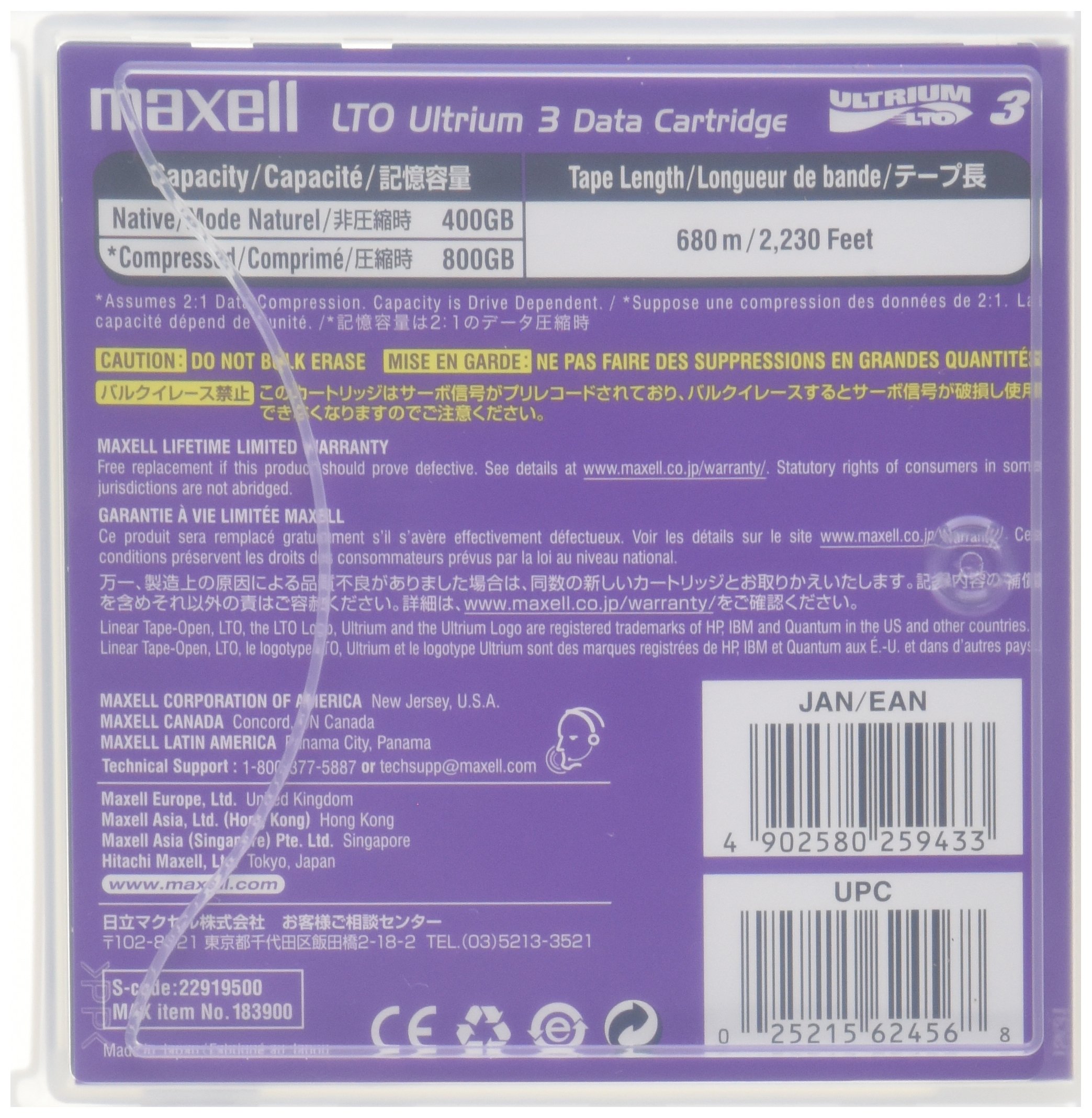 Maxell MAX183900 LTO Ultrium 3 Tape Cartridge