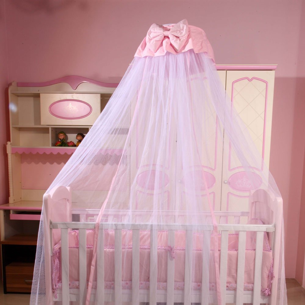 RuiHome Dome Style Hanging Princess Girls Mosquito Net Nursery Crib Bed Canopy Pink Bowknot Decor, Without Bracket Stand