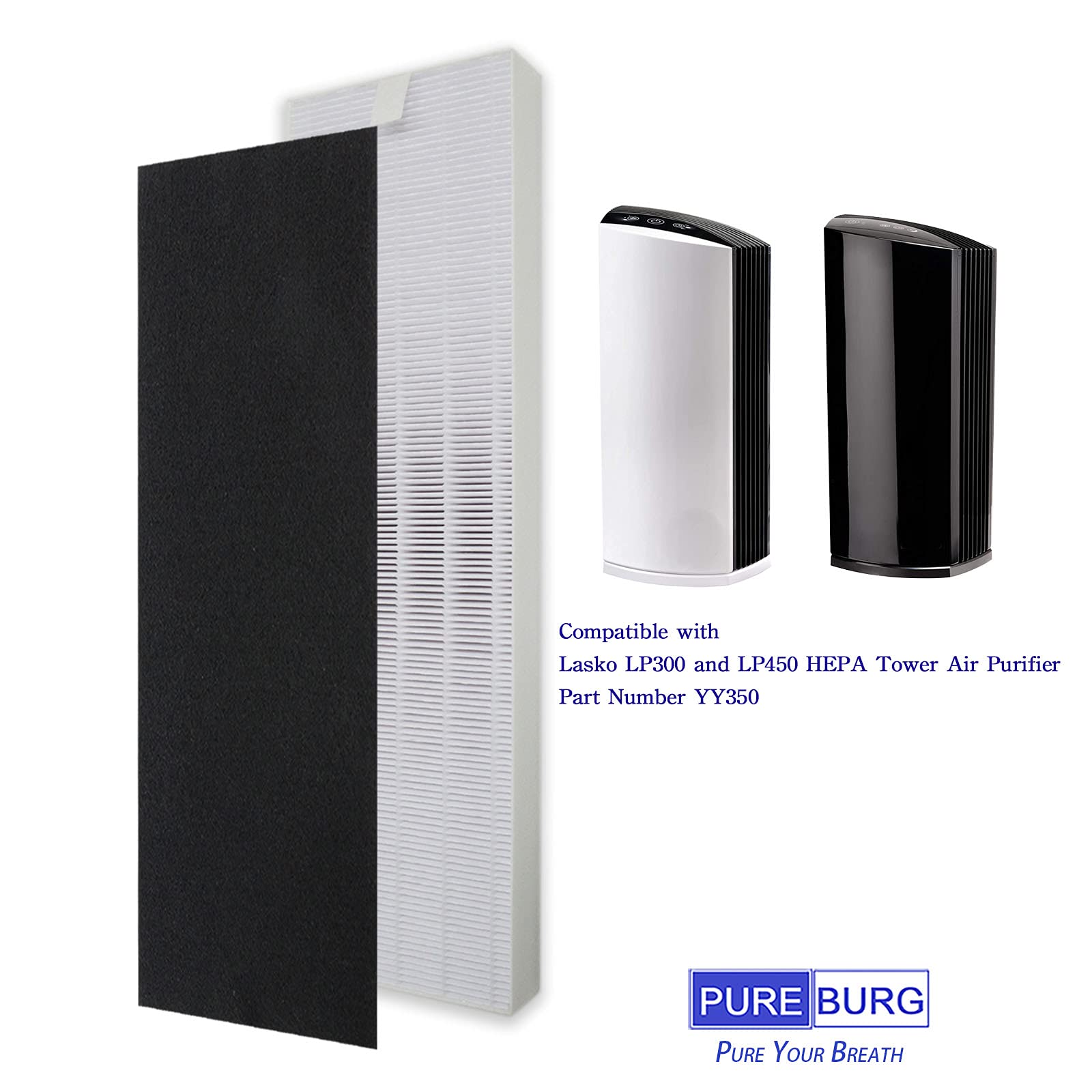 PUREBURG YY350 Replacement Filter Set Compatible with Lasko LP300 & LP450 Air Purifiers, 2 x H13 HEPA + 8 Activated Carbon Pre-Filters Air Clean Dust VOCs Odor