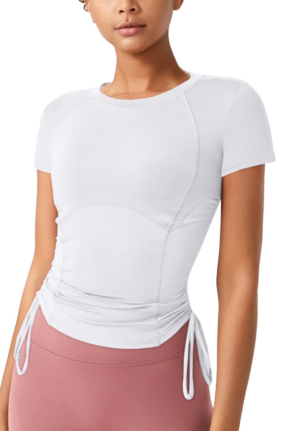 Almaree Workout Tops for Women Short Sleeve Yoga Top Womens Workout Shirts with Drawstring S