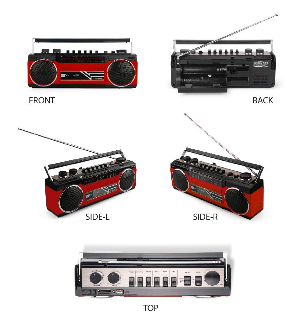 Riptunes Cassette Boombox, Retro Blueooth Boombox, Cassette Player and Recorder, AM/FM/SW-1-SW2 Radio-4-Band Radio, USB, and SD, RED