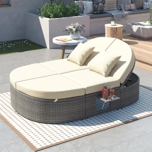 Bellemave Outdoor Sun Bed Patio 2-Person Daybed with Cushions and Pillows, Rattan Garden Reclining Chaise Lounge with Adjustable Backrests and Foldable Cup Trays for Lawn,Poolside(Beige)