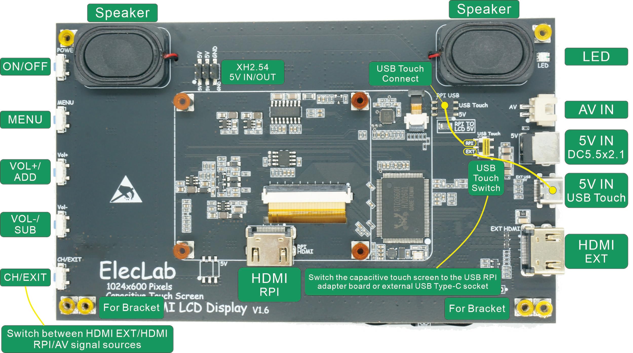 ElecLab 7 Inch 1024x600 IPS HDMI Touchscreen LCD Display Monitor Speaker Case for Raspbery Pi