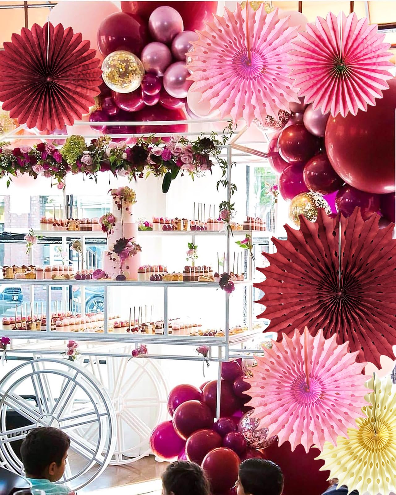 Burgundy Pink Birthday Party Decorations/Fall Bridal Shower Decorations/Valentines Day Decor/7pcs Burgundy Cream Pink Pinwheels Tissue Paper Fans Fall Bachelorette Party Decorations/Burgundy Wedding