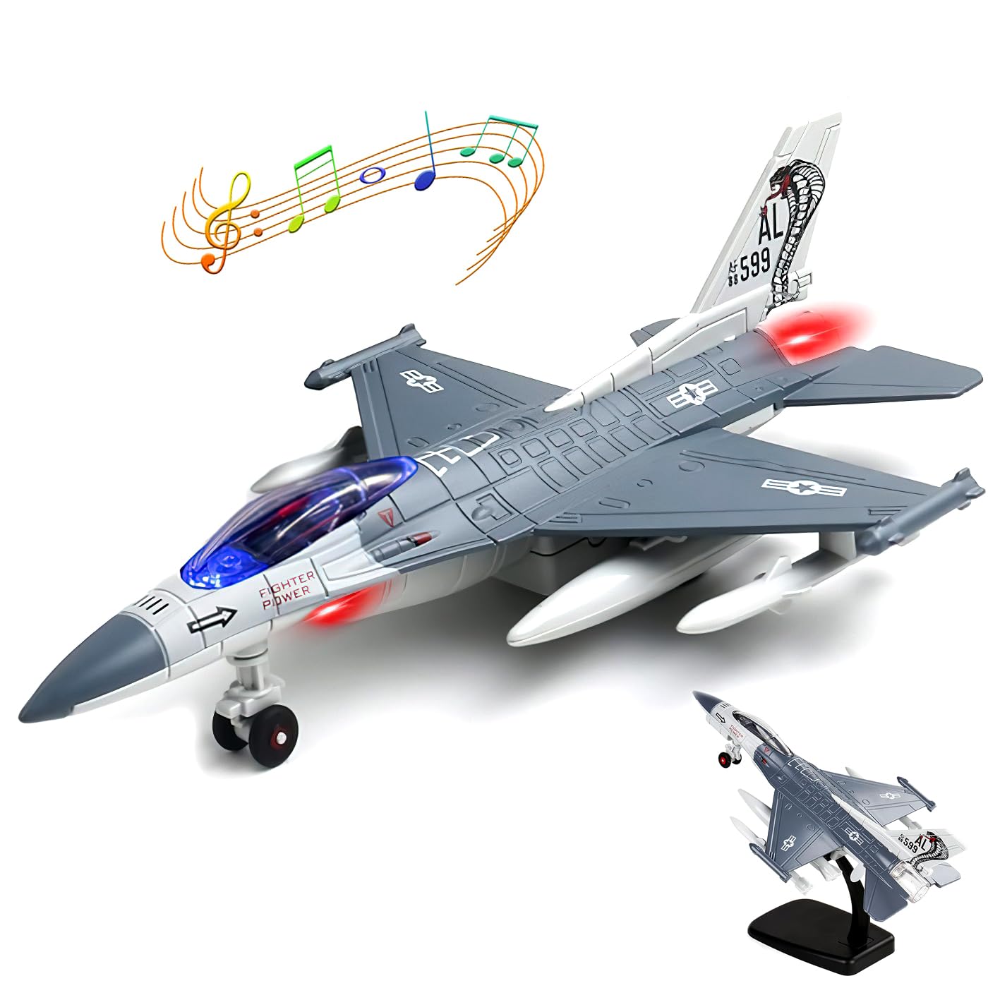 Lynkaye F-16 Fighting Falcon Thunderbirds Toy Army Air Force Military Airplane Model Kit with Fun Lights and Sounds (Bright White)