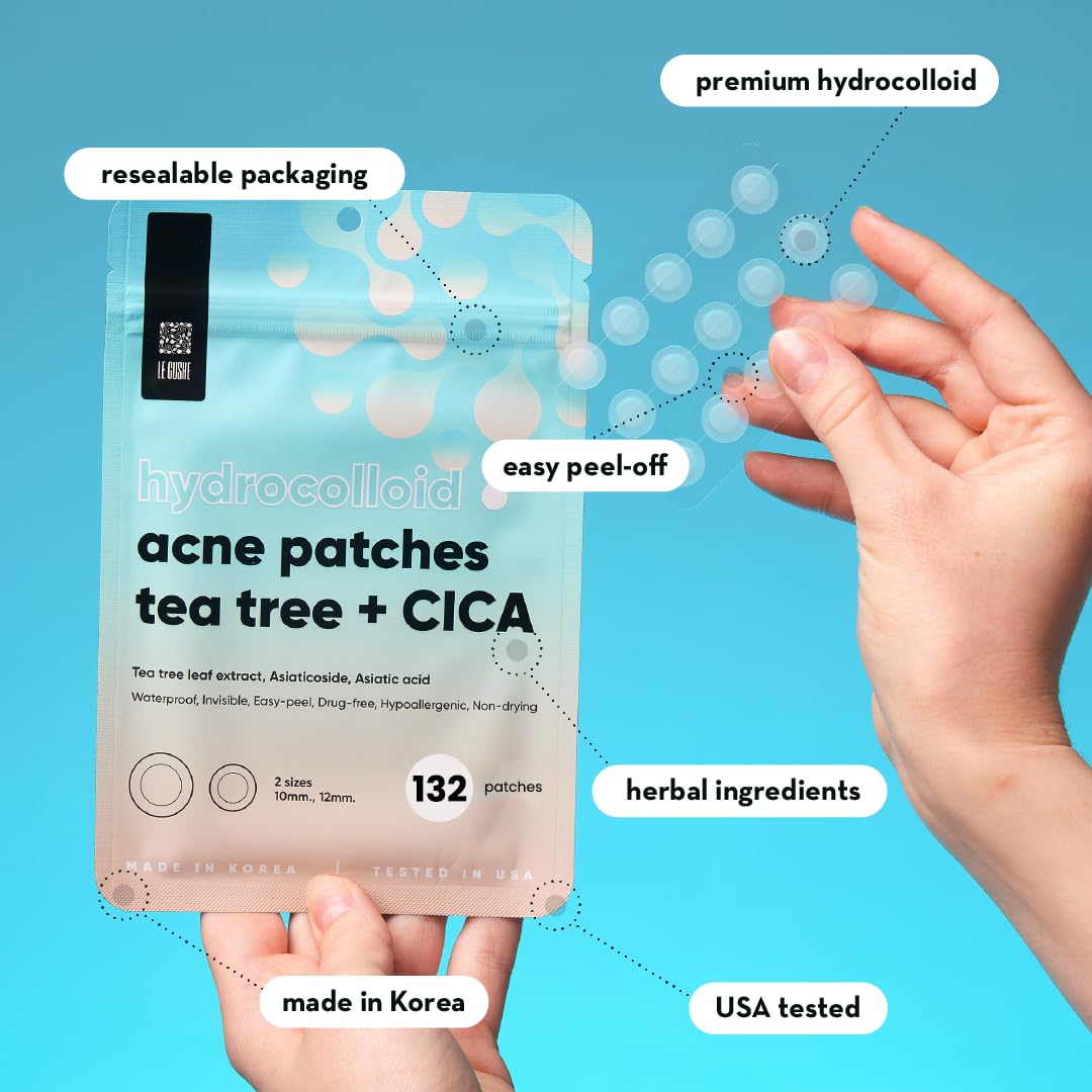 LE GUSHE Korean Pimple Patches for Face (132 Dots) - Hydrocolloid Acne Patches with Tea Tree Oil - Invisible Zit Stickers - Dermatologist Tested - Korean Skin Care