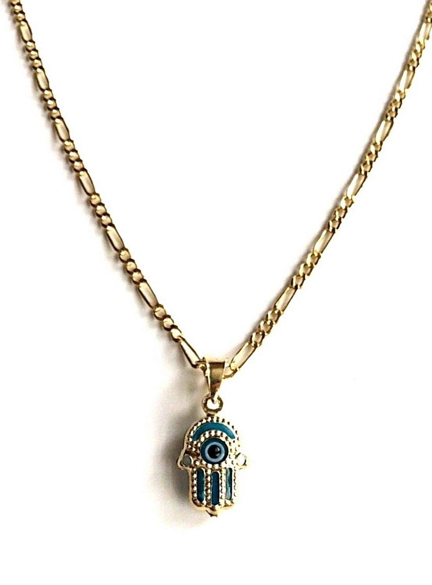 ALEX AND ELSA 14K REAL GOLD HAMSA BLUE EVIL EYE NECKLACE 18" LONG / 14K ORO PURO CADENA DE MANO Y OJO 18" LARGO
