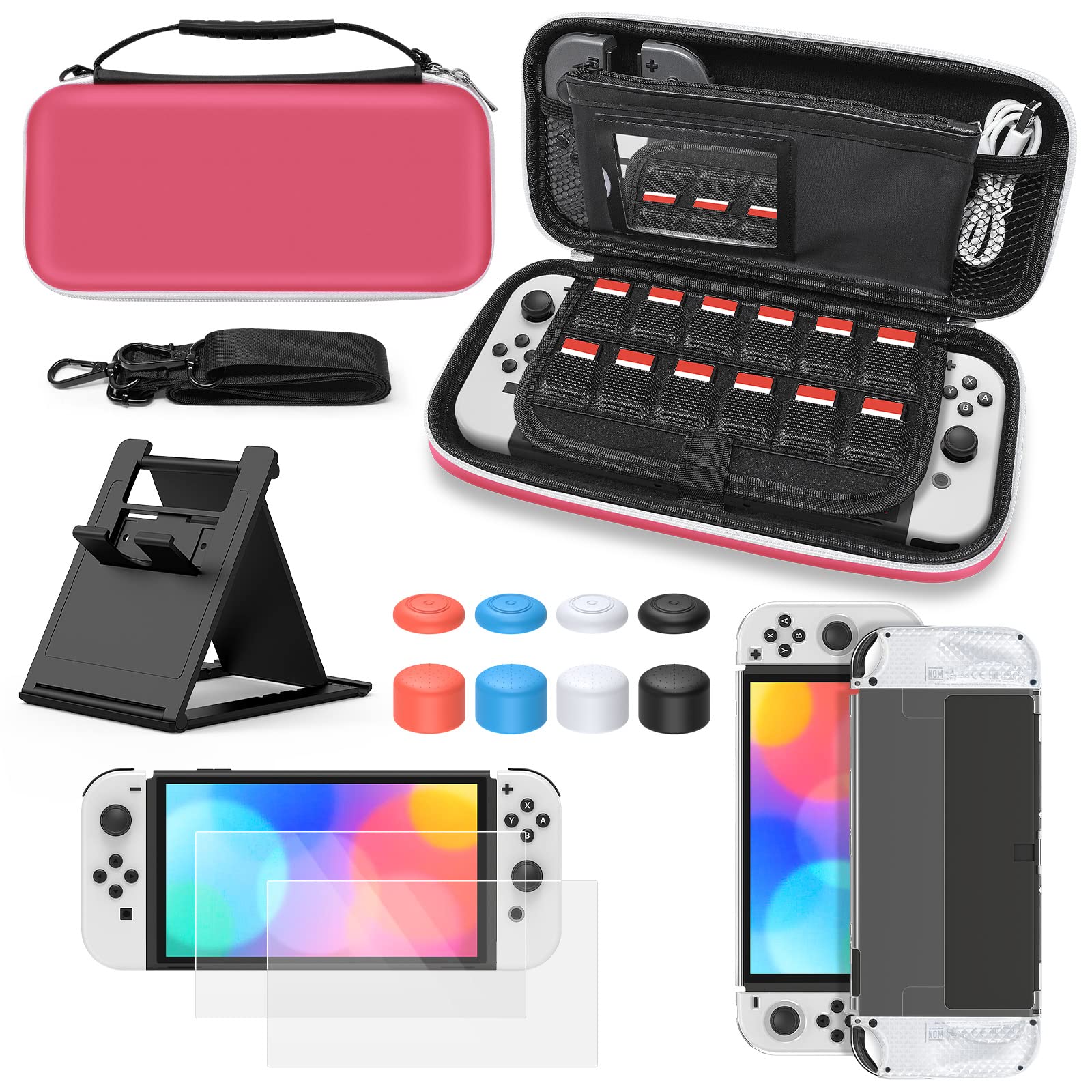 Accessories Bundle for Nintendo Switch OLED Model,Carrying Case with Card Slots,PC Protector Case for Console,TPU Cover for Joy Con,Tempered Glass Screen,Joystick Cap,Console Playstand for OLED (Pink)