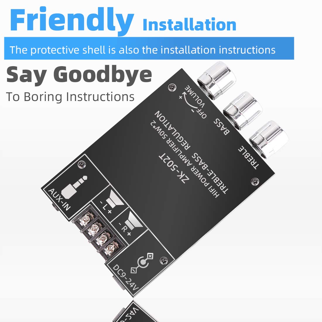 DAMGOO ZK-502T Bluetooth Amplifier Board with Treble and Bass Control, TPA3116D2 50W x 2, DC:9-24V, Bluetooth 5.0 AMP Board for Home Passive Speakers