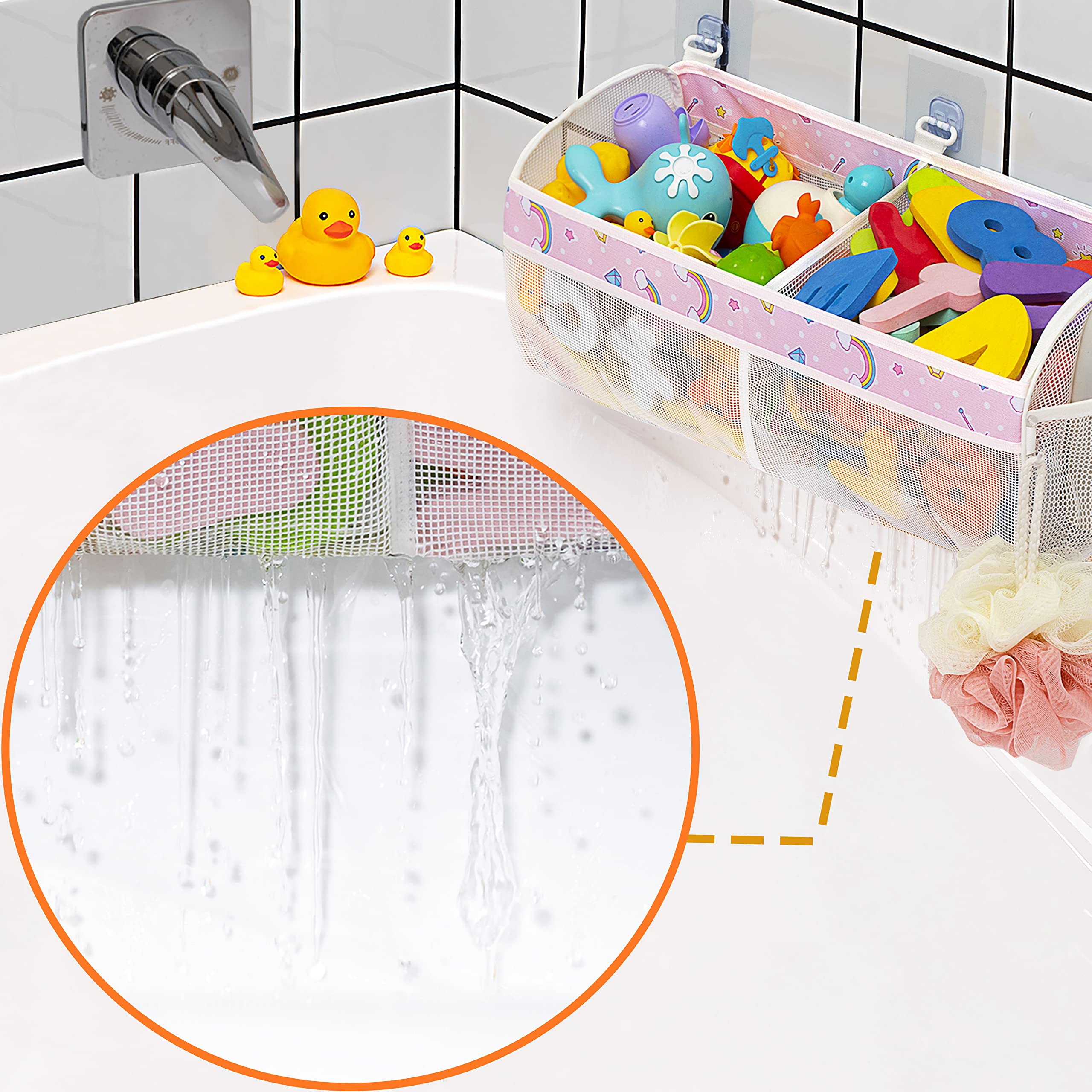 Austion Mesh Bath Toy Storage for Tub - Sorting Baby Toys Bath Tub Toy Holder - Extra Large Capacity Bath Toy Organizer with Large Openings, Quick-drying and breathable (Pink)