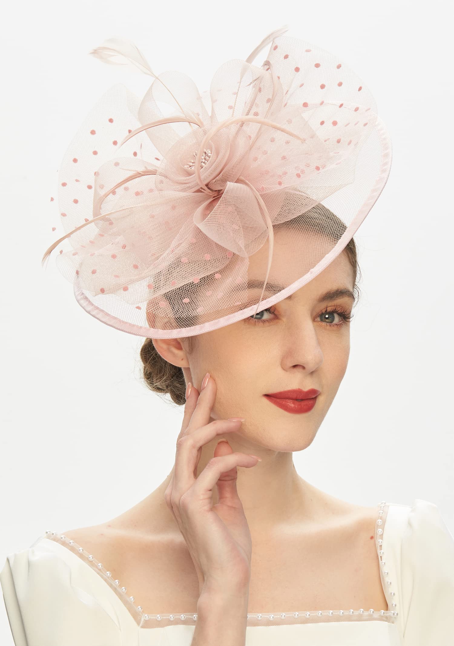 Fascinators Hats for Womens 50s Headwear with Veil Flower Cocktail Wedding Tea Party Church Derby Hat(3-blush pink)