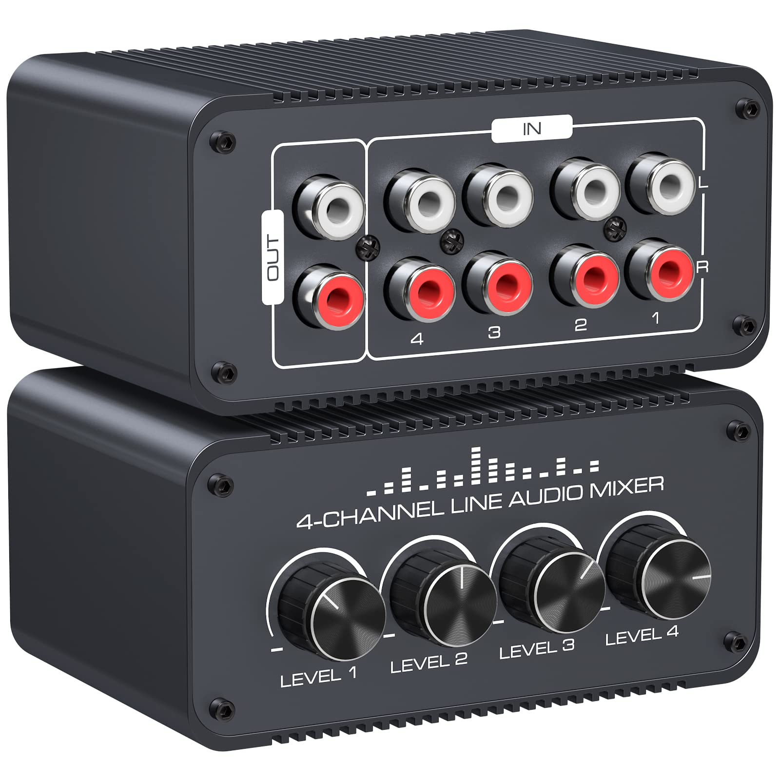 Audio Mixer Ultra Low Noise 4 Channel RCA L/R line Levels Control Box Passive Mixer RCA Inputs Output Separate Volume Controls for Small Club Bar or Recording Studio