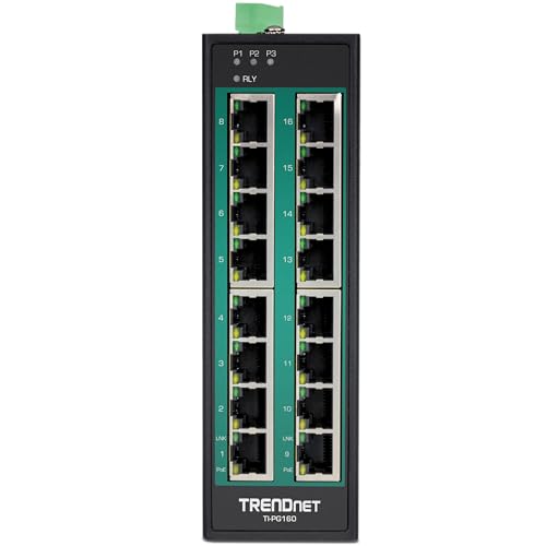 TRENDnet 16-Port Hardened Industrial Unmanaged Gigabit 10/100/1000Mbps DIN-Rail Switch w/ 16 Gigabit PoE+ Ports, Lifetime Protection, TI-PG160