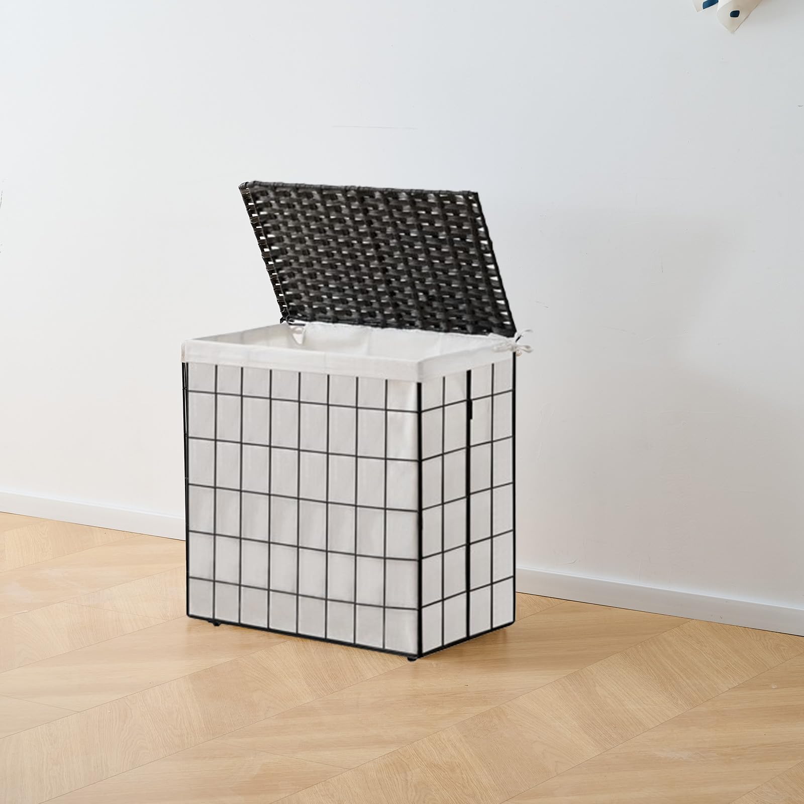 Mxfurhawa Laundry Hamper, 115.8L Laundry Basket with PP Lid, Clothes Hamper, with Divided Removable Liner Bag, Large Capacity Iron-Made Laundry Sorter Clothes Hamper for Bedroom,Bathroom (black)