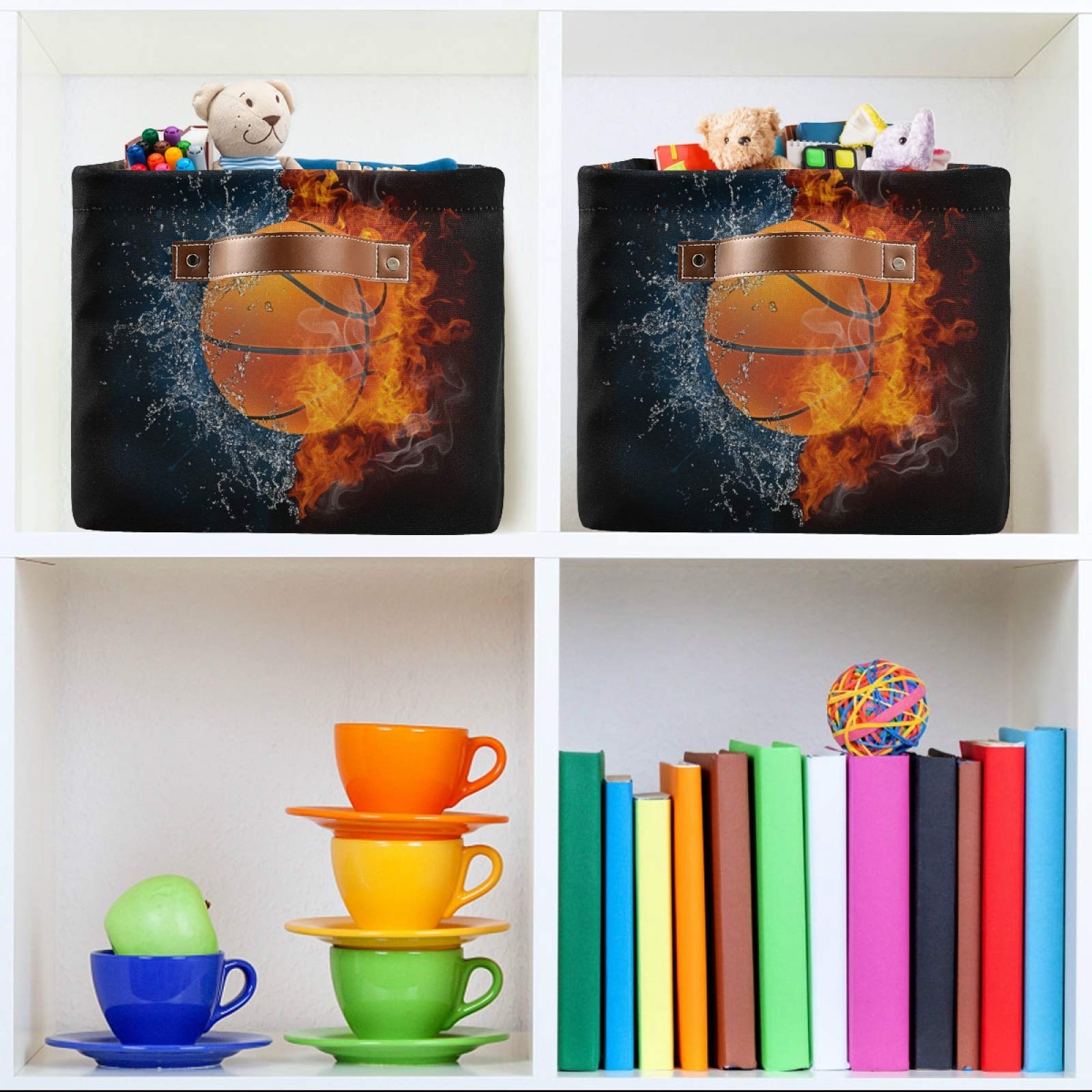 AUUXVA Storage Basket Fire Water Basketball Storage Cube Box Durable Canvas Collapsible Toy Basket Organizer Bin with Handles for Shelf Closet Bedroom Home Office