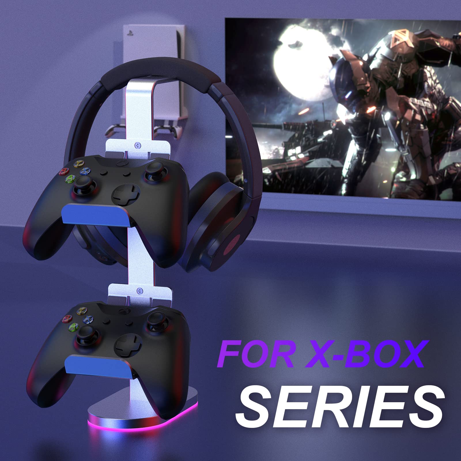 AUGEX Controller Holder, Game Controller Rack RGB Gaming Headset Stand for Xbox Series X S/Xbox one / PS5 / PS4 / Switch/Headset, Aluminum Metal Mount Universal Organizer for Game Accessories