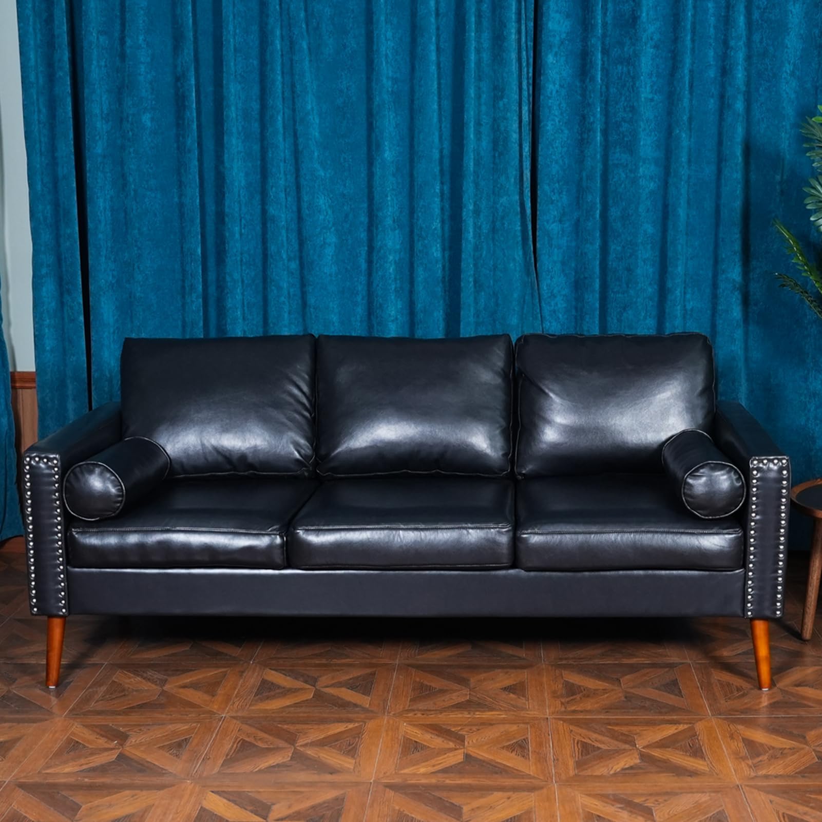 CONSDAN Leather Couch, 83" Chesterfield Sofa with Soft High-Resilience Cushion, Sofa Couch with Button Tufting and Nailhead Trim, Brown