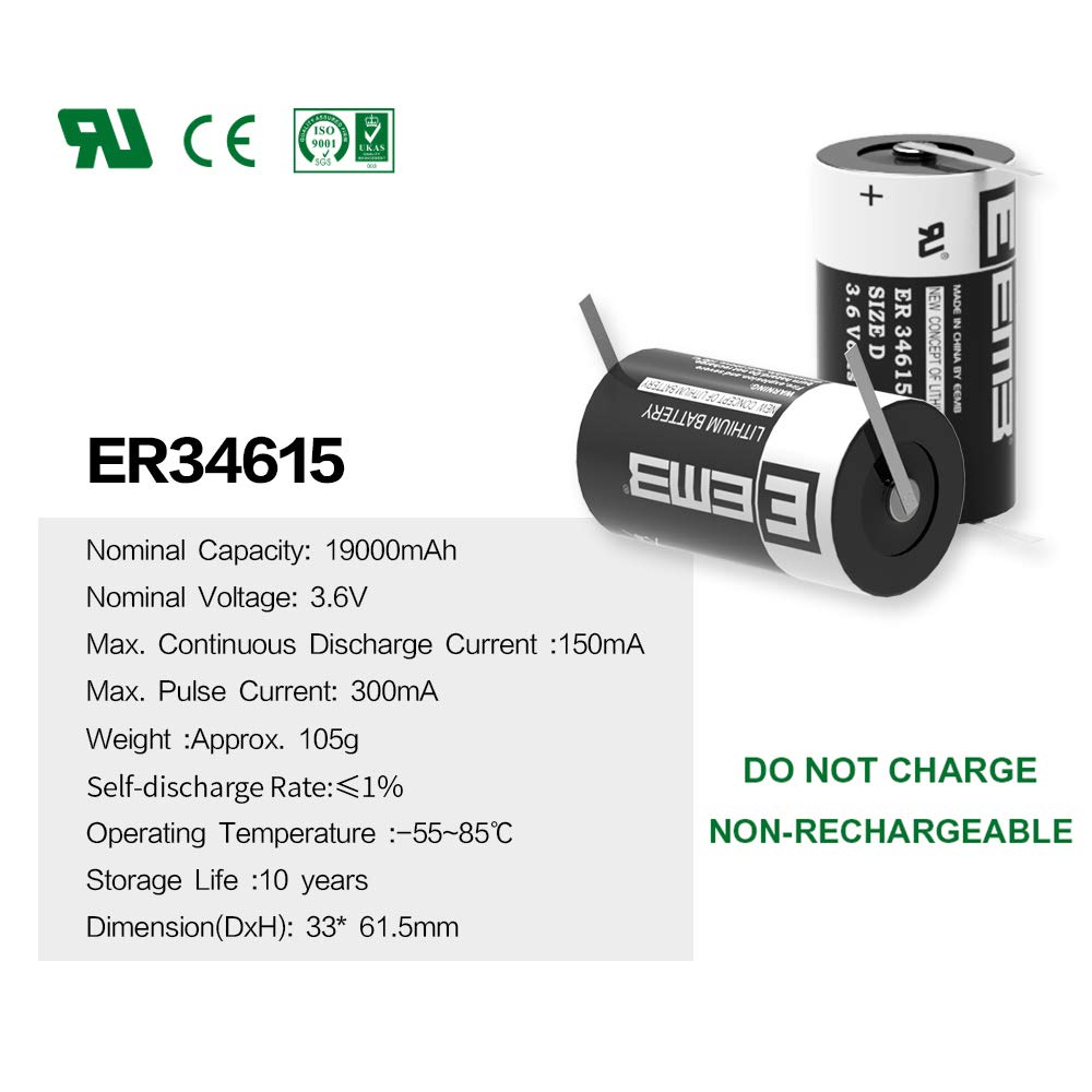 EEMB 10Pack ER34615 D Cell Batteries 3.6V Lithium Battery 19Ah Li-SOCL₂ Non-Rechargeable Battery with Tabs LS-33600 SB-D02 XL-205F for CNC Machine Tool, Injection Molding Machine, Printing Machine