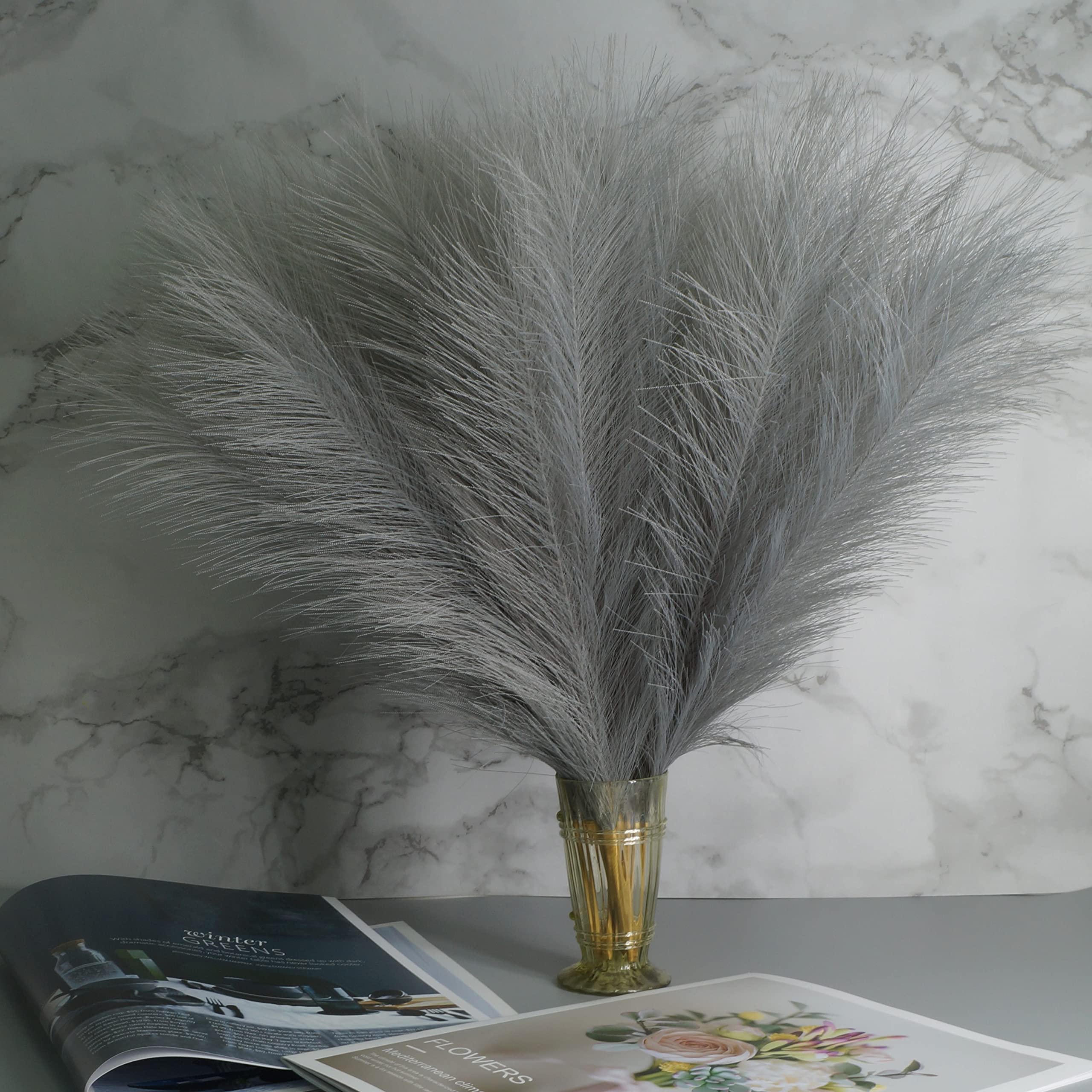 Faux Pampas Grass 6 Stems Small Artificial Pampas Grass 18'' No-Shedding Short Fake Pampas Grass Pompass Fluffy Plants Boho Decor for Centrepiece Living Room Home Office Wedding, No Vase (Grey)