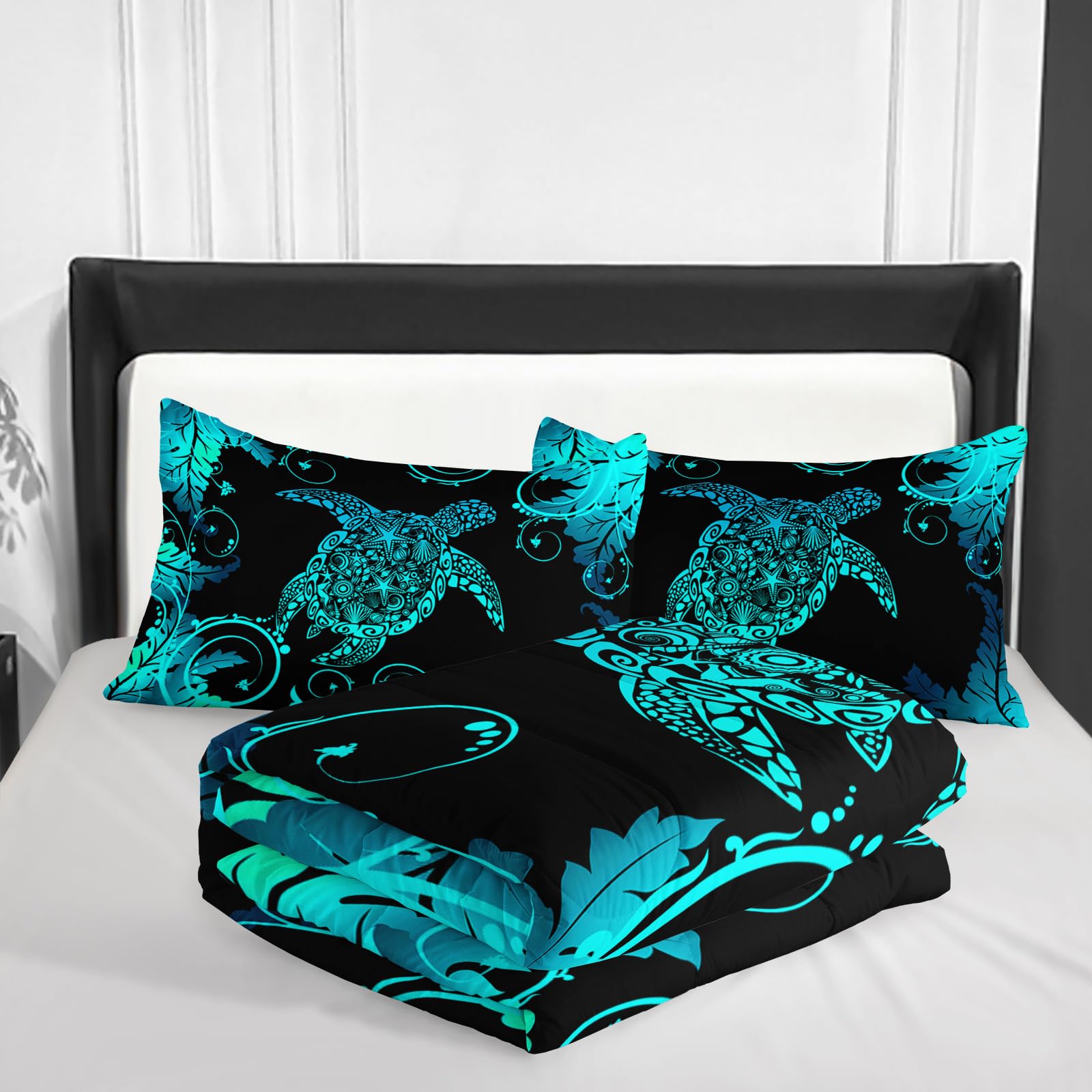 Nttopship Blue and Black Sea Turtles Comforter Sets Twin Size, Bedding Sets for Kids,Oceans and Starfish Comforter Sets All Season 1 Comforter and 2 Pillowcases