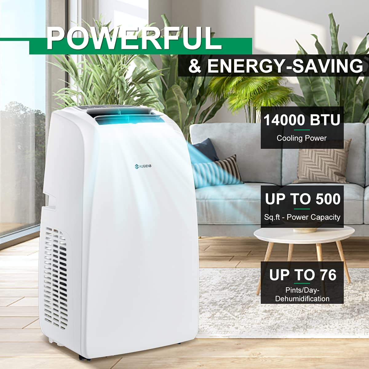 AUGIENB 14,000 BTU Portable Air Conditioners with Built-in Dehumidifier Function, Fan Mode, Quiet AC Unit, Rooms Dehumidifying Capacity 36L/day, LED Display,Complete Window Mount Exhaust Kit