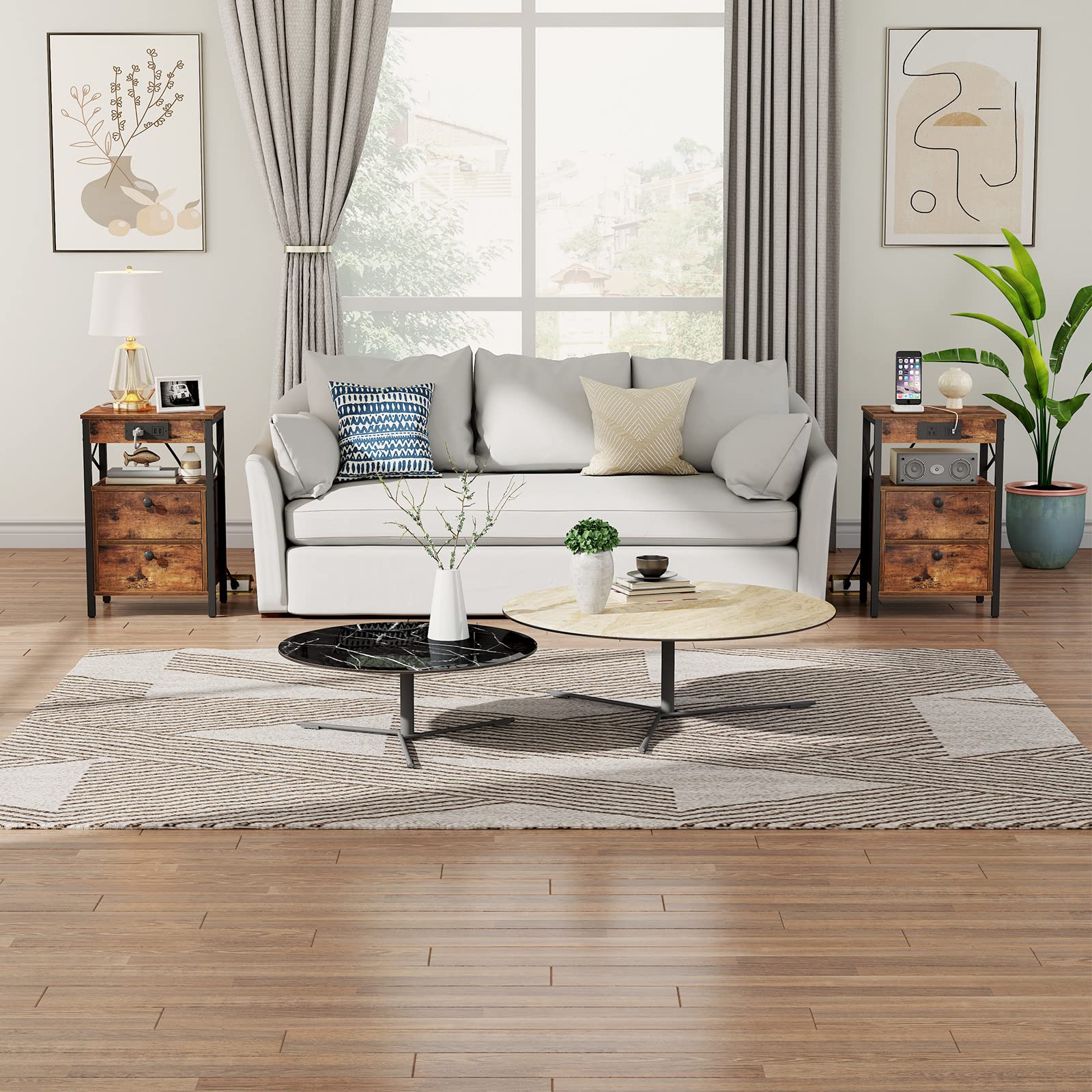 HOOBRO Nightstand with Charging Station, End Table with 2 Drawer, Sofa Side Table with USB Port, Multi-Level Storage Space, for Bedroom, Adjustable Feet, Stable, Rustic Brown and Black BF138UBZ01