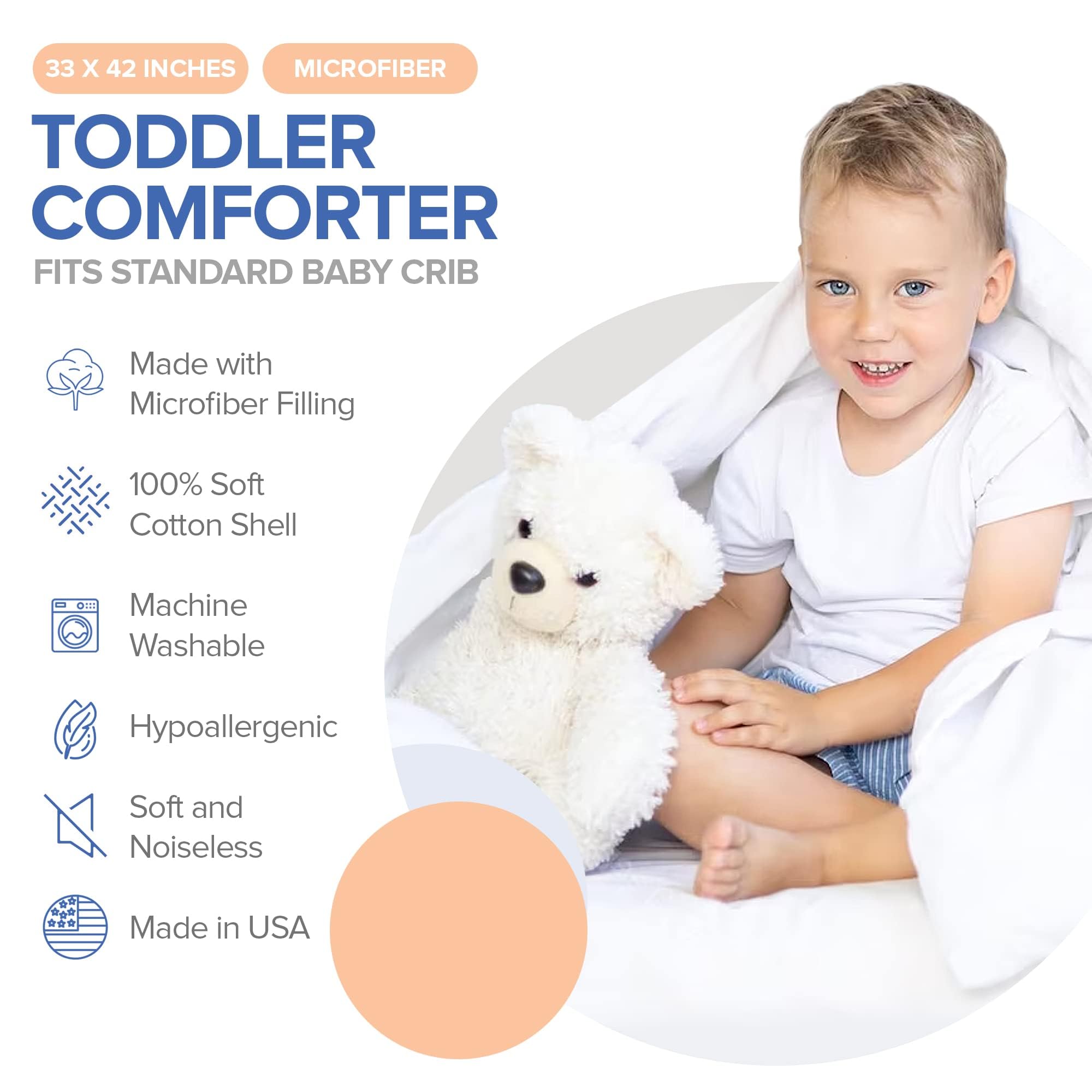 Continental Bedding Toddler Comforter, 100% White Down Duvet Insert, Sleep Blanket with Cotton Shell, Fits Standard Crib, Toddler Bed, 33x42 Inches, White