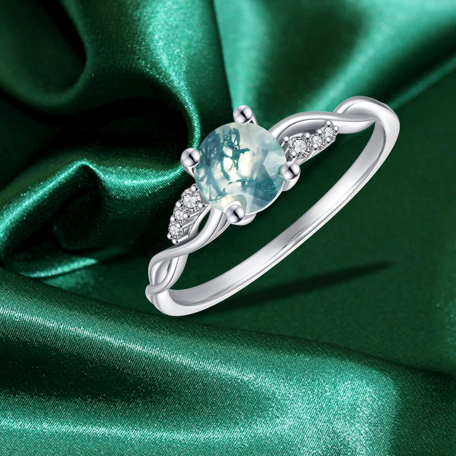 Aututer Moss Agate Ring for Women Sterling Silver Engagement Ring Infinity Ring Natural Moss Agate Jewelry Mother's Day Gifts for Her