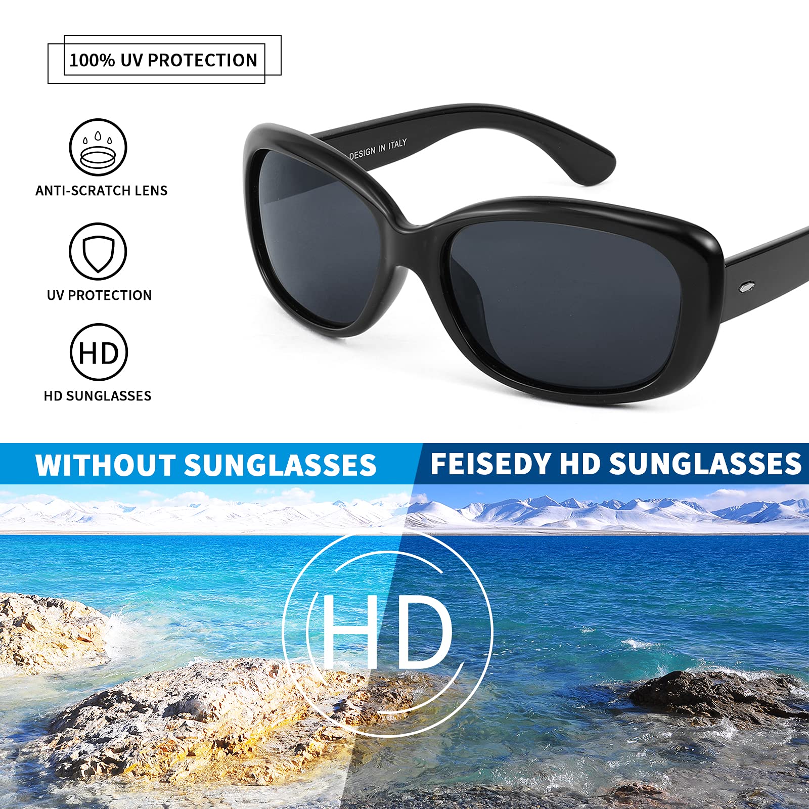 FEISEDY Vintage Square Polarized Sunglasses for Women Men Havana Thick Black Frame B2703