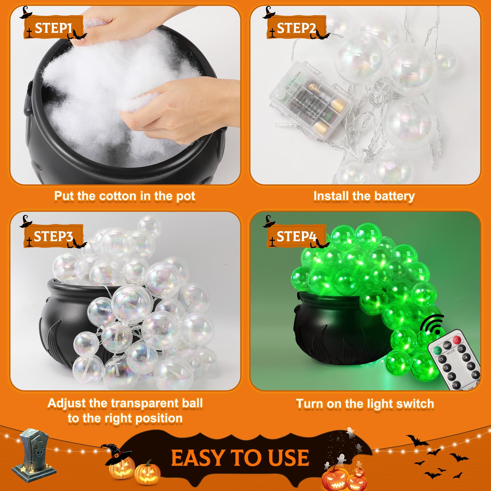 BHLUUIYER Halloween Decorations Indoor - DIY Bubbling Cauldron Set with Light, Halloween Hocus Pocus Party Decor Black Plastic Candy Bowl Decor Bucket Decorations for Home Mantle Kicthen