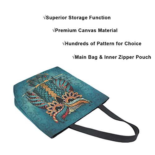 ALAZA Owl Print Boho Ethnic Large Canvas Tote Bag Shopping Shoulder Handbag with Small Zippered Pocket