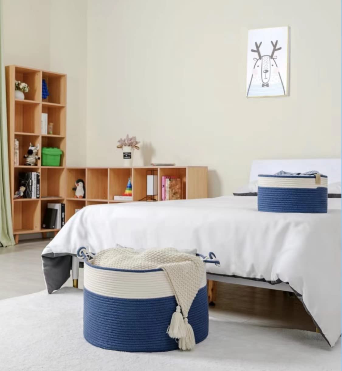 ART pinecone 2pc Extra Large(21.7*13.8) & Small(11.8*7.8) Cotton Rope Basket, Round Woven Storage Basket, Cute Toy Basket, Baby Nursery Hamper, Shelf Decorative Bin, Blue & White