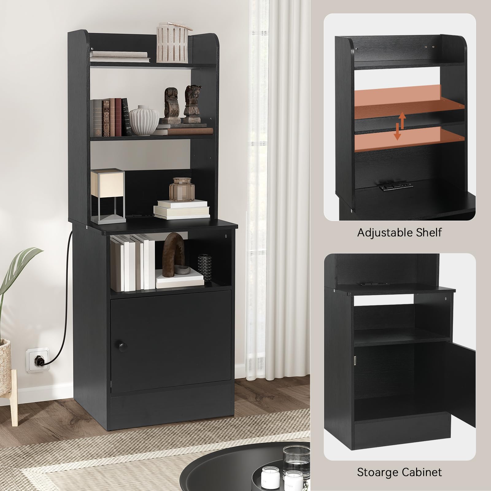 ARTETHYS Tall Nightstand Set of 2 with Charging Station and LED Light 47" Black Night Stand with Storage and Adjustable Bookshelf for Bedroom, Home Office
