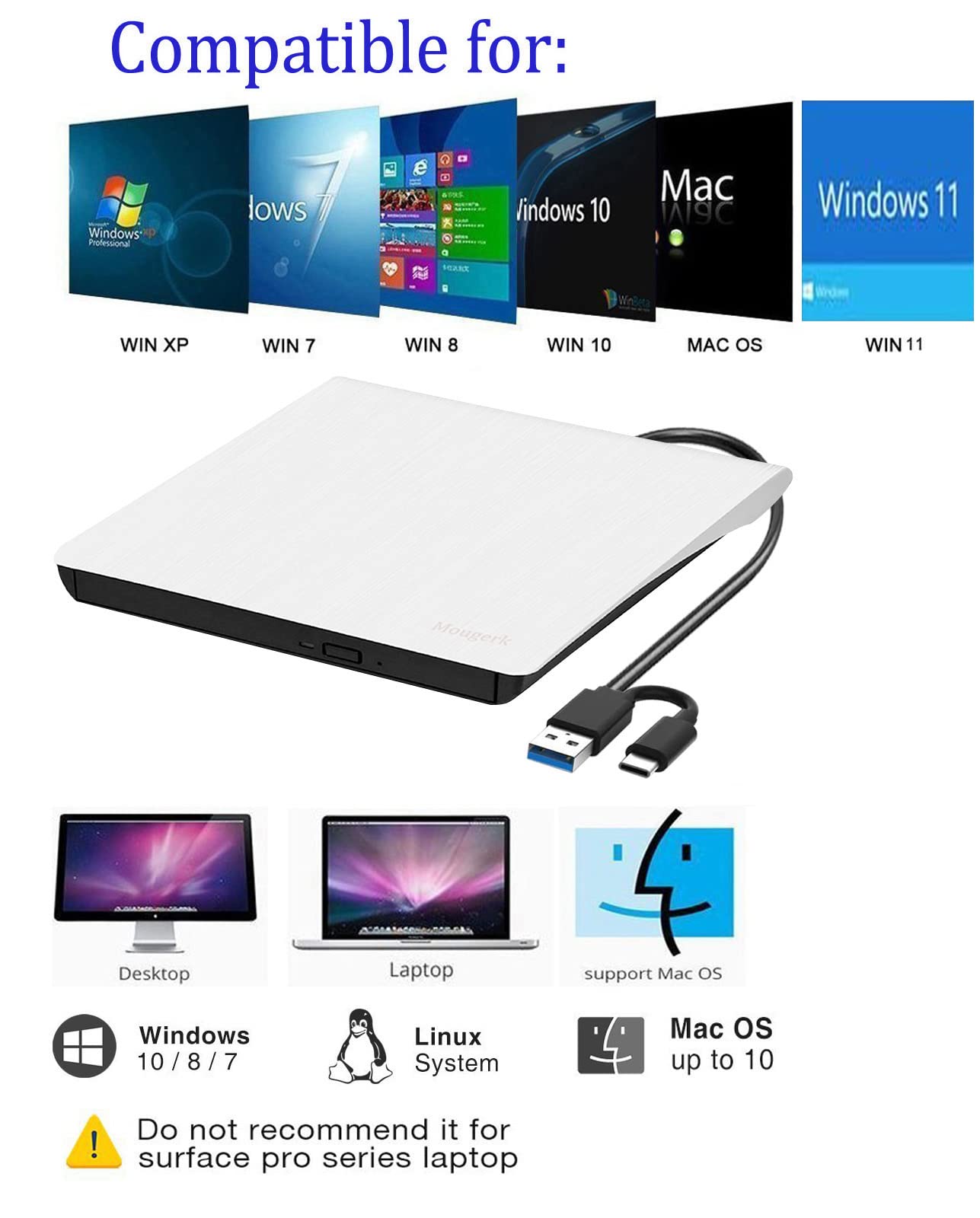 Mougerk External DVD Drive, Portable Type-C USB 3.0 DVD CD Drive Player DVD/CD +/-RW ROM Reader Rewriter Burner for Laptop MacBook Pro Desktops (White)